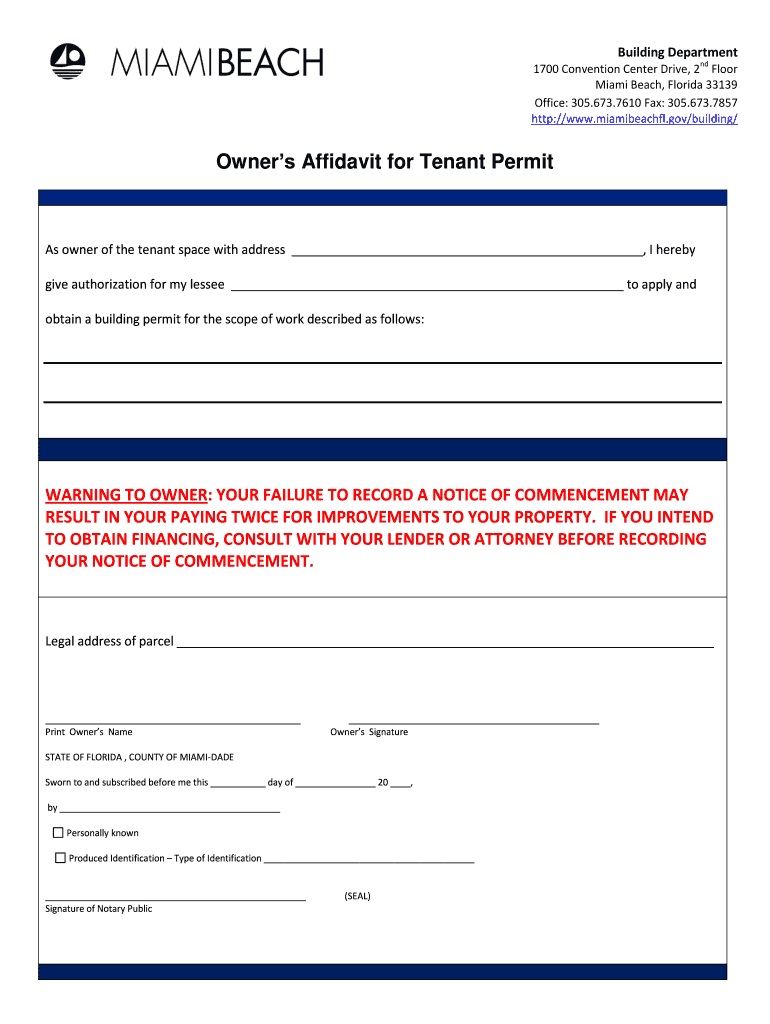 Fillable Online Owner's Affidavit for Tenant Permit - Miami Beach Fax ...