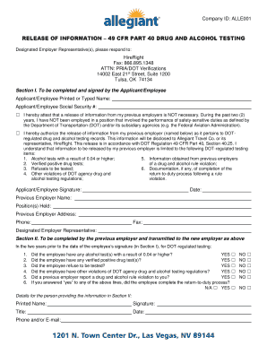 Fillable Online RELEASE OF INFORMATION 49 CFR PART 40 ... - Allegiant ...