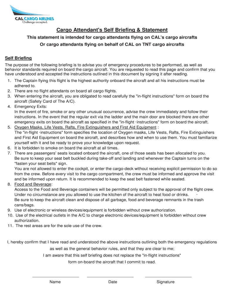 Fillable Online Cargo Attendant's Self Briefing and Statement + TNT ...