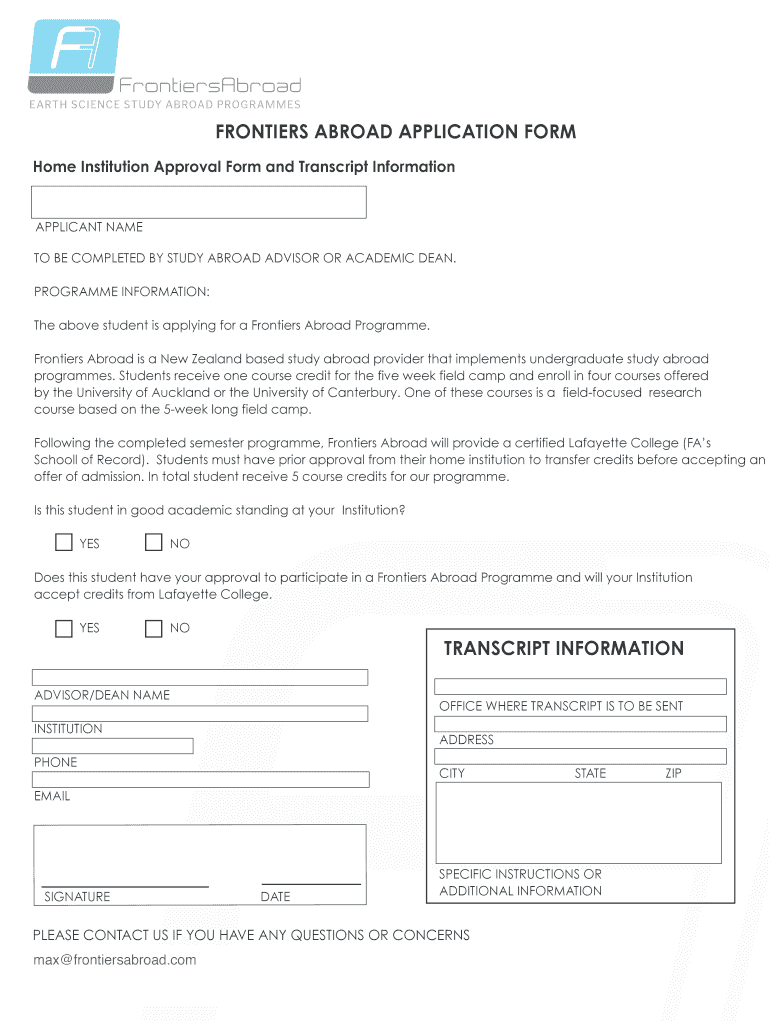 Fillable Online FRONTIERS ABROAD APPLICATION FORM Fax Email Print ...