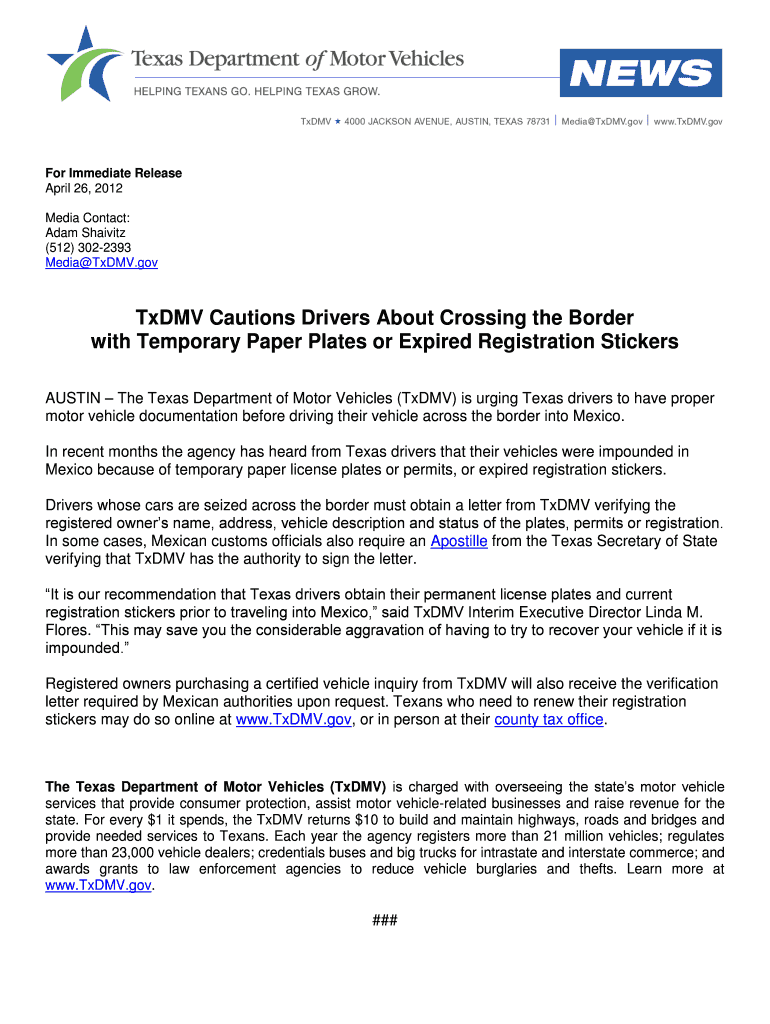 Fillable Online txdmv TxDMV Cautions Drivers About Crossing the Border ...