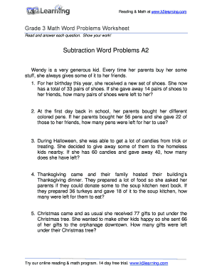 Fillable Online Math Word Problem Worksheet - Grade 3 - Free and ...