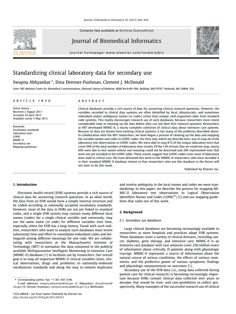 Fillable Online lhncbc nlm nih Standardizing clinical laboratory data ...
