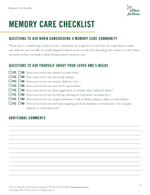 Fillable Online Memory Care Checklist Fax Email Print - pdfFiller