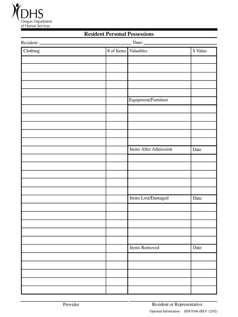 Fillable Online oregon Resident Personal Possessions - oregon Fax Email ...