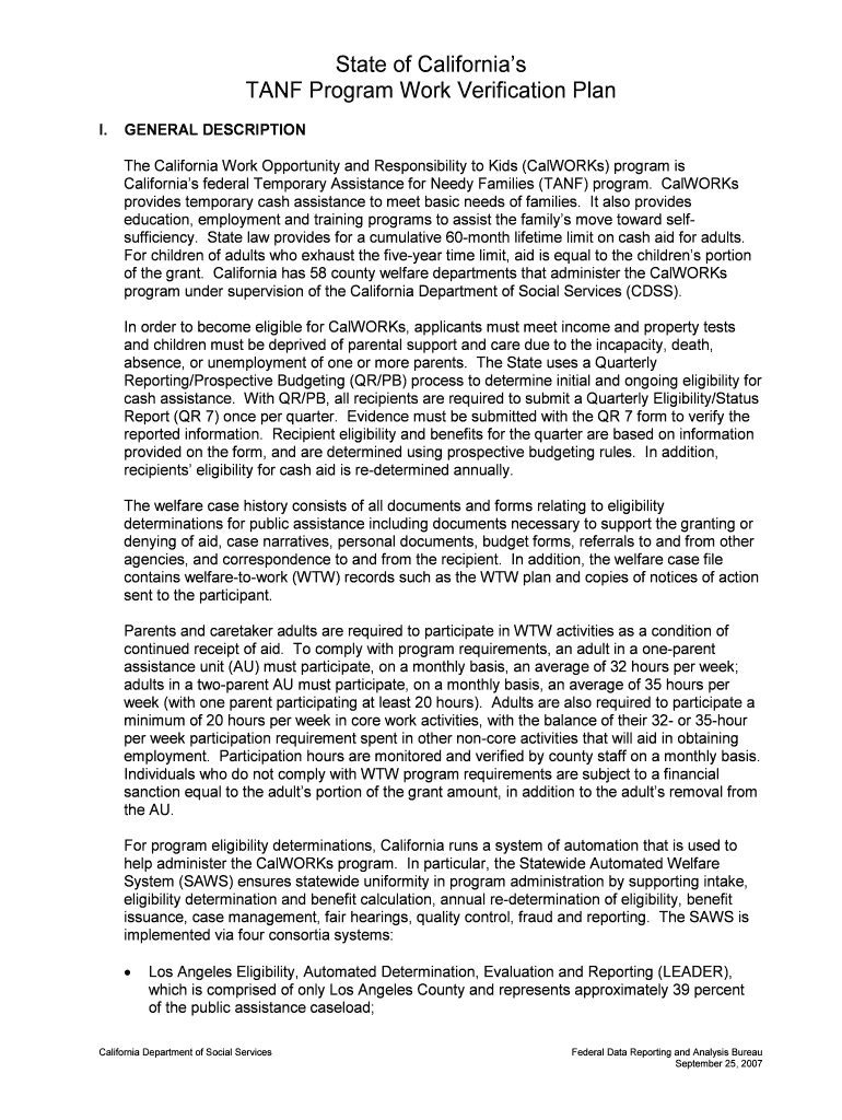 Fillable Online dss cahwnet State of California's TANF Program Work ...