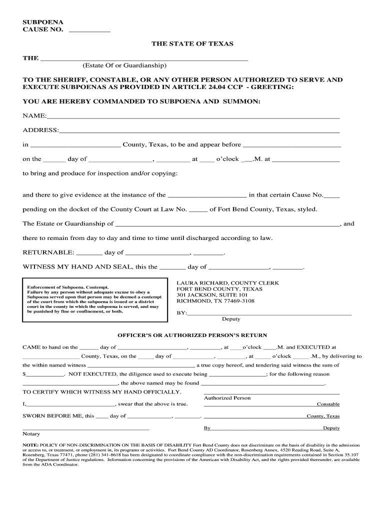 Fillable Online SUBPOENA CAUSE NO. THE STATE OF TEXAS THE Fax Email ...
