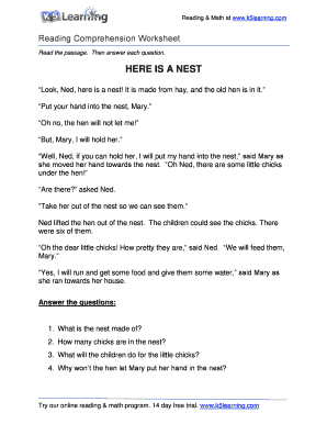 Fillable Online Reading Comprehension Worksheet - Here is a Nest ...