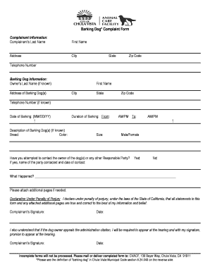 Fillable Online chulavistaca Fillable Barking Dog* Complaint Form Fax ...
