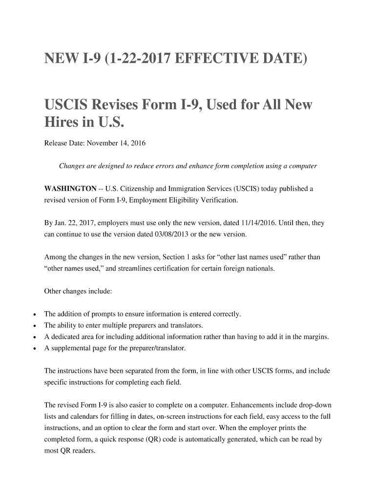 Fillable Online Fillable NEW I-9 (1-22-2017 EFFECTIVE DATE) USCIS ...