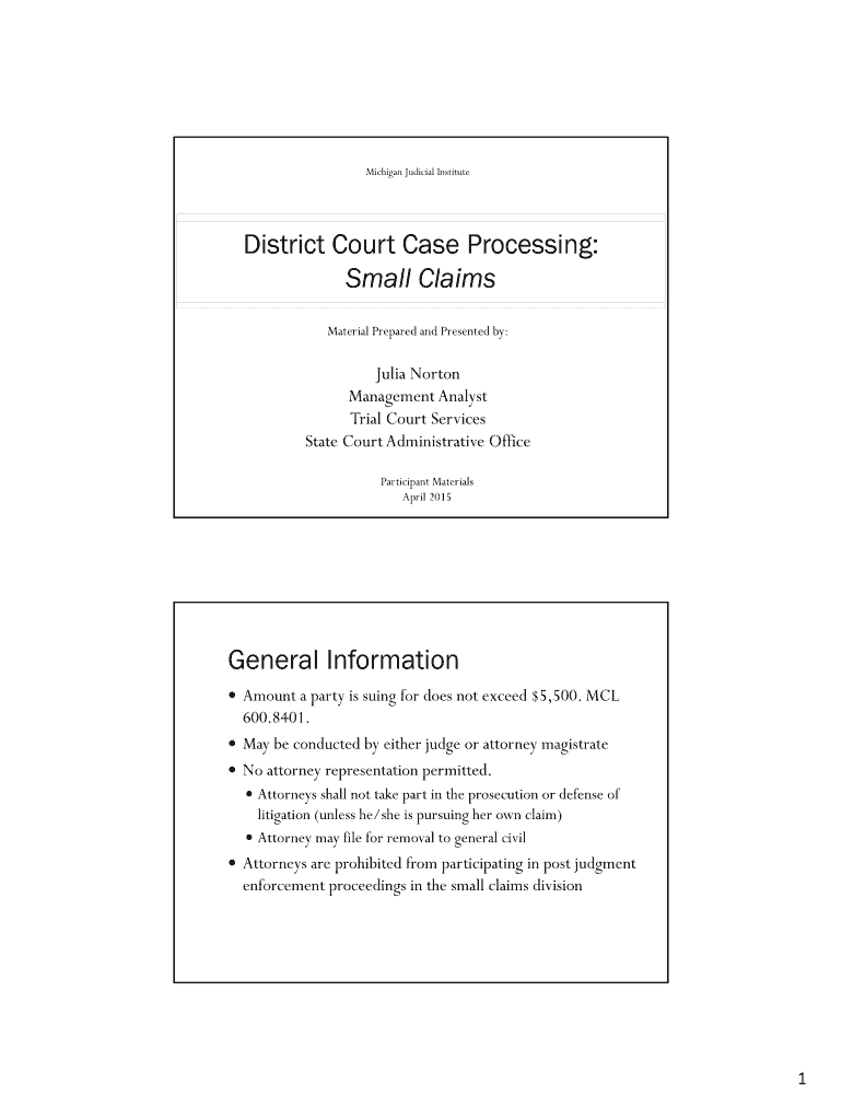 Fillable Online District Court Case Processing: Small Claims General ...
