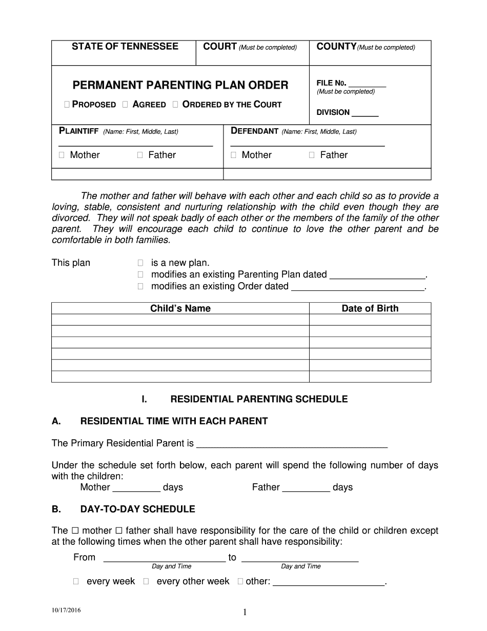 TN Permanent Parenting Plan Order 2022 Form Printable Blank PDF Online