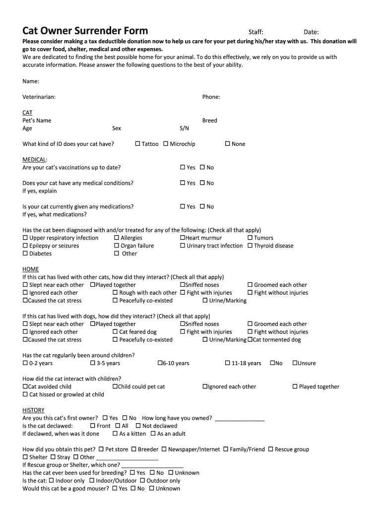 Fillable Online Owner Surrender Form Staff Fax Email Print - pdfFiller