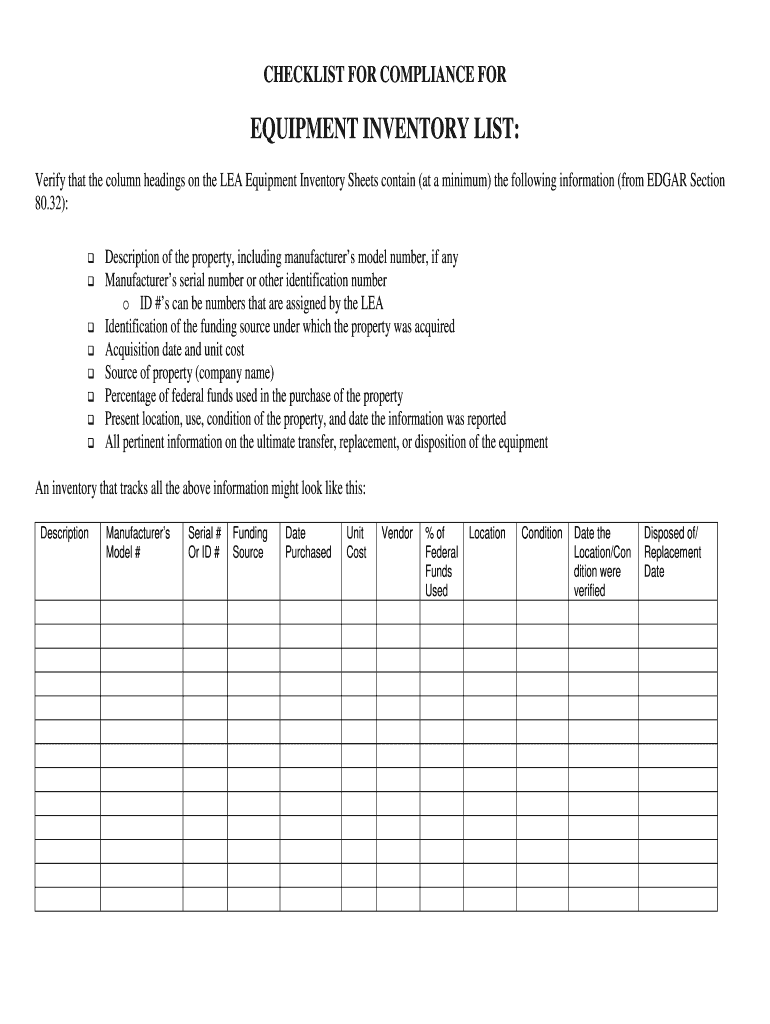 Fillable Online Fillable EQUIPMENT INVENTORY LIST: Fax Email Print ...