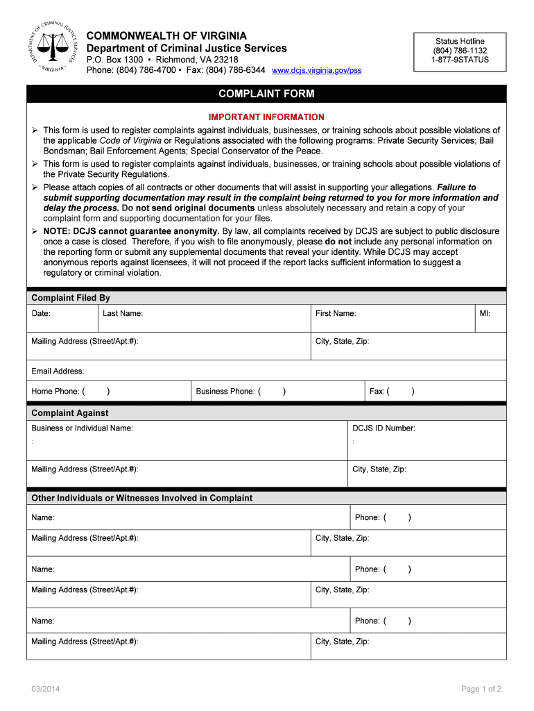 Fillable Online dcjs virginia Fillable Complaint Form Fax Email Print ...