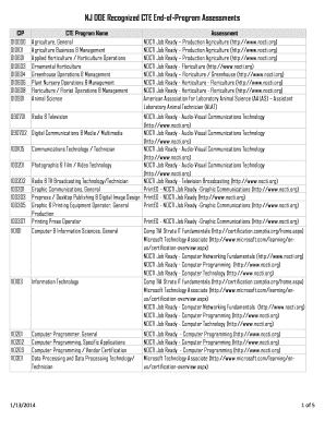 Fillable Online nj NJDOE Recognized CTE End-of-Program Assessments - nj ...