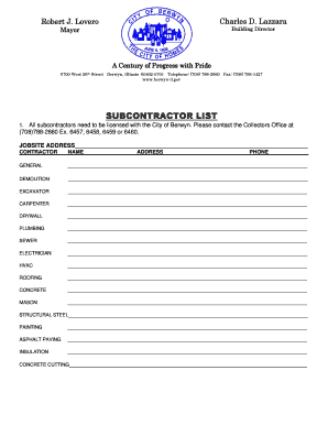 Fillable Online SUBCONTRACTOR LIST Fax Email Print - pdfFiller