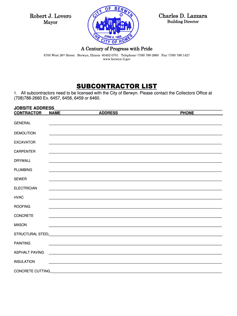Fillable Online SUBCONTRACTOR LIST Fax Email Print - pdfFiller