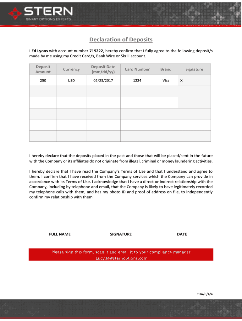 Fillable Online Declaration of Deposits Fax Email Print - pdfFiller