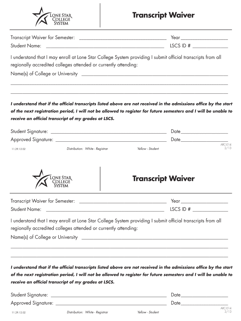 Fillable Online lonestar Transcript Waiver - lonestar Fax Email Print ...