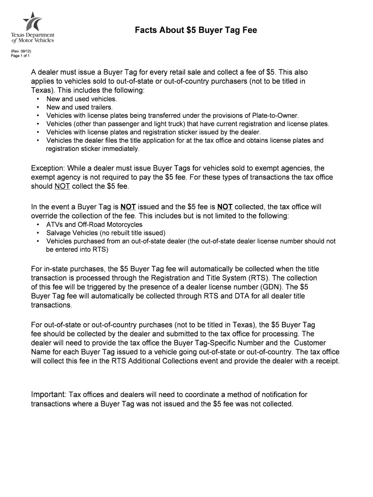 Fillable Online txdmv Fillable 5 Buyer Tag Fee Facts Fax Email Print ...