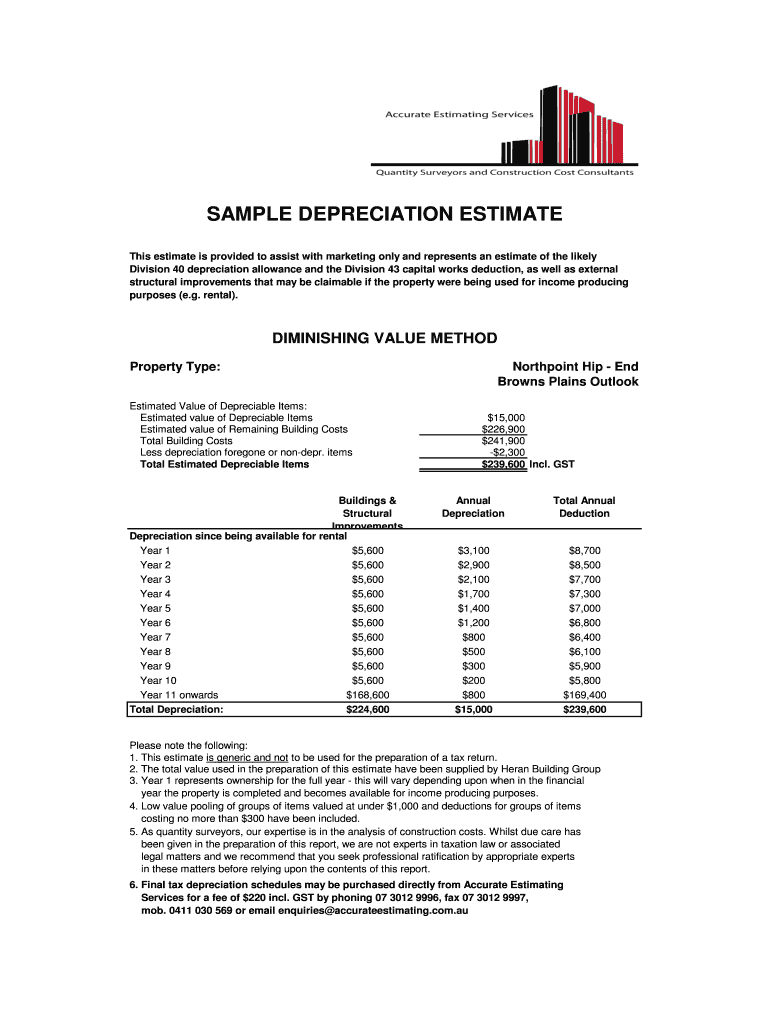 Fillable Online SAMPLE DEPRECIATION ESTIMATE Fax Email Print - pdfFiller