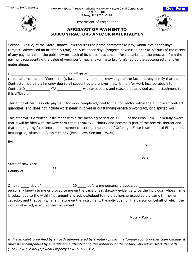 Fillable Online thruway ny Fillable TA-W44118-9: Affidavit of Payment to Subcontractors and/or ...