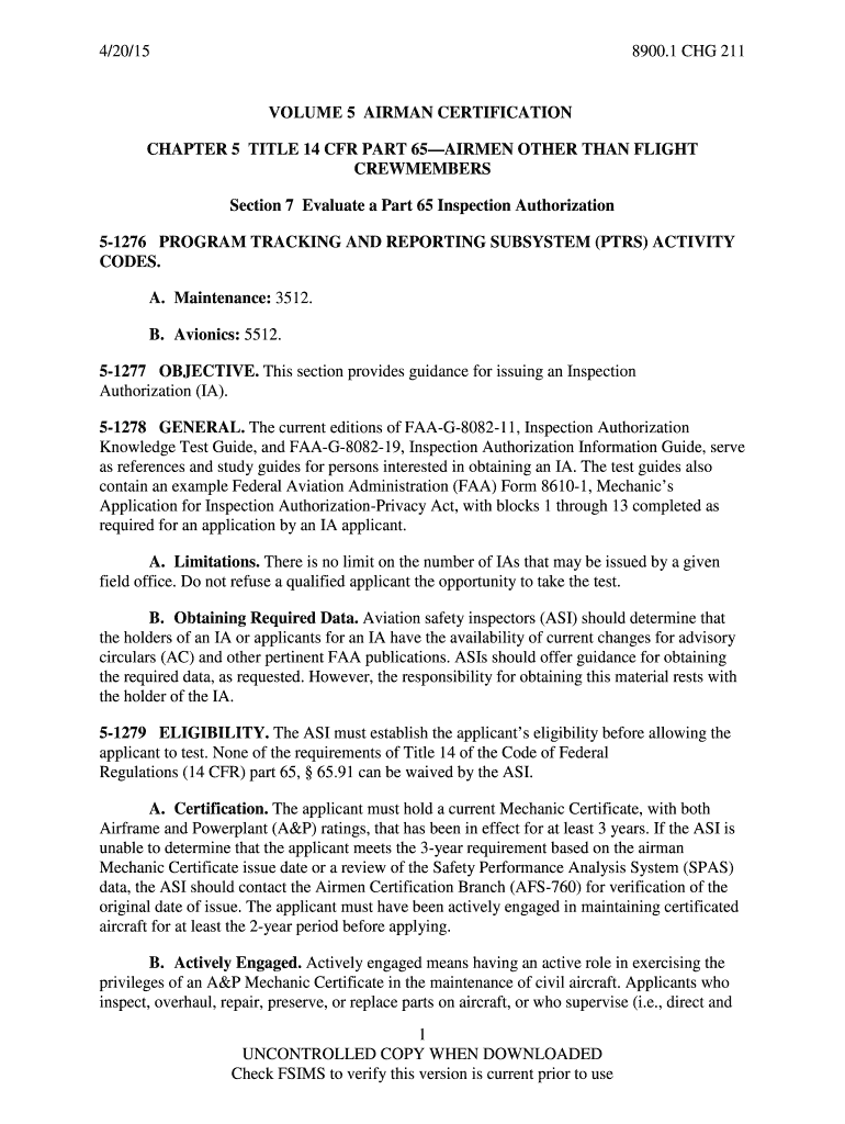 Fillable Online fsims faa Evaluate a Part 65 Inspection Authorization ...