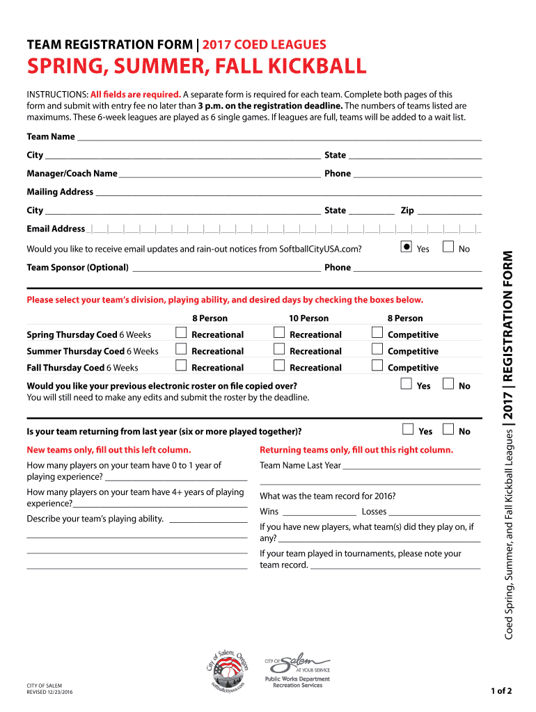 Fillable Online TEAM REGISTRATION FORM 2017 COED LEAGUES Fax Email ...