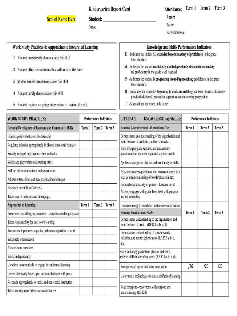Kindergarten Report Card Template Fill Online Printable Fillable 
