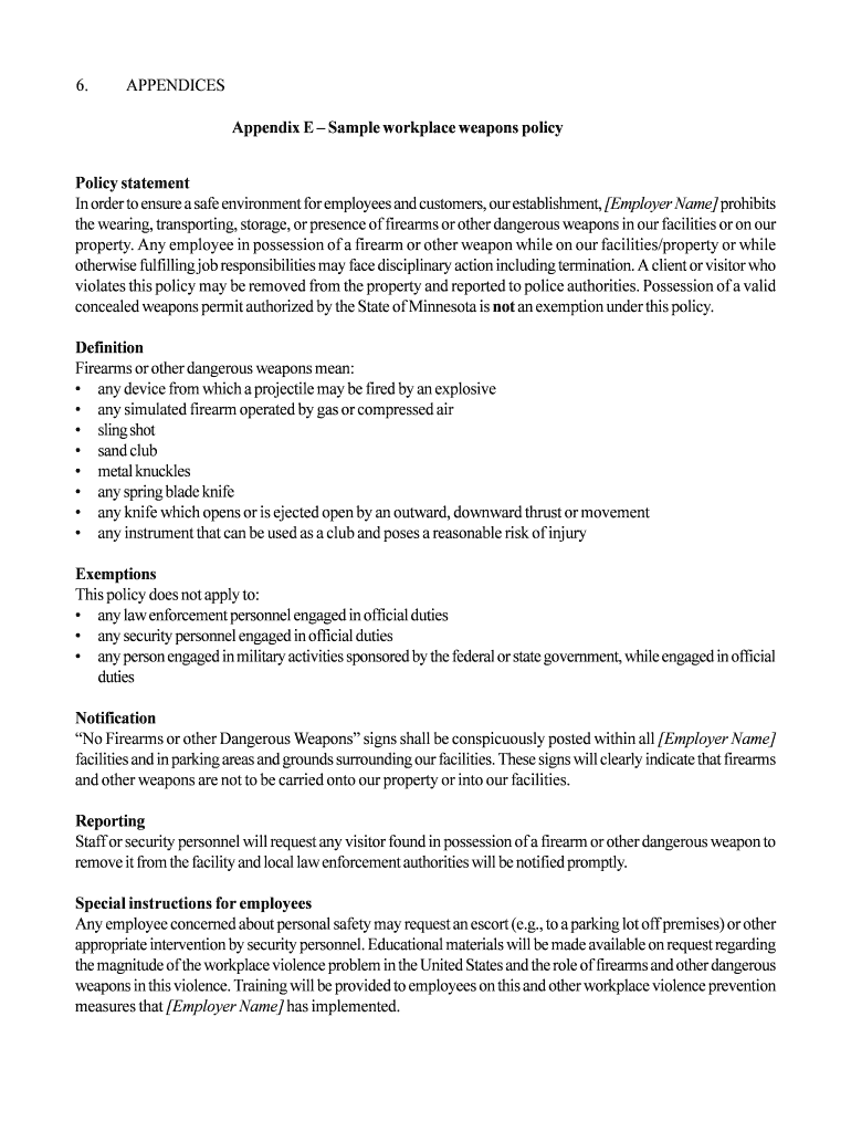 Fillable Online dli mn Appendix E Sample workplace weapons policy Fax ...