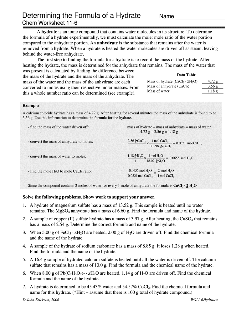 Fillable Online csun Determining the Formula of a Hydrate - csun Fax ...