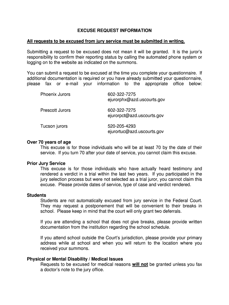 Fillable Online azd uscourts EXCUSE REQUEST INFORMATION All requests to ...