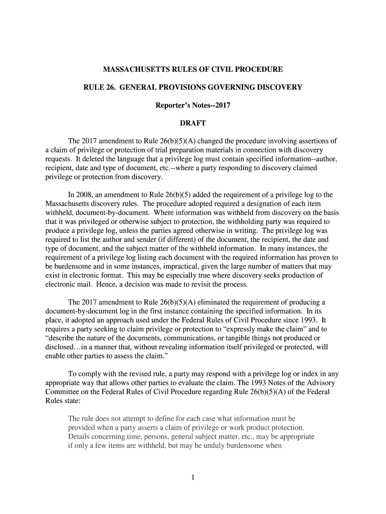 Fillable Online 1 MASSACHUSETTS RULES OF CIVIL PROCEDURE RULE 26 ...