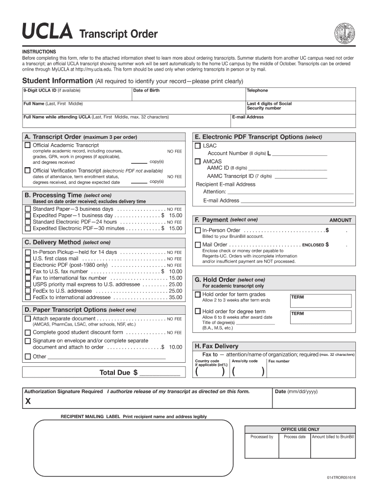 Fillable Online registrar ucla UCLA Transcript Order Fax Email Print - pdfFiller