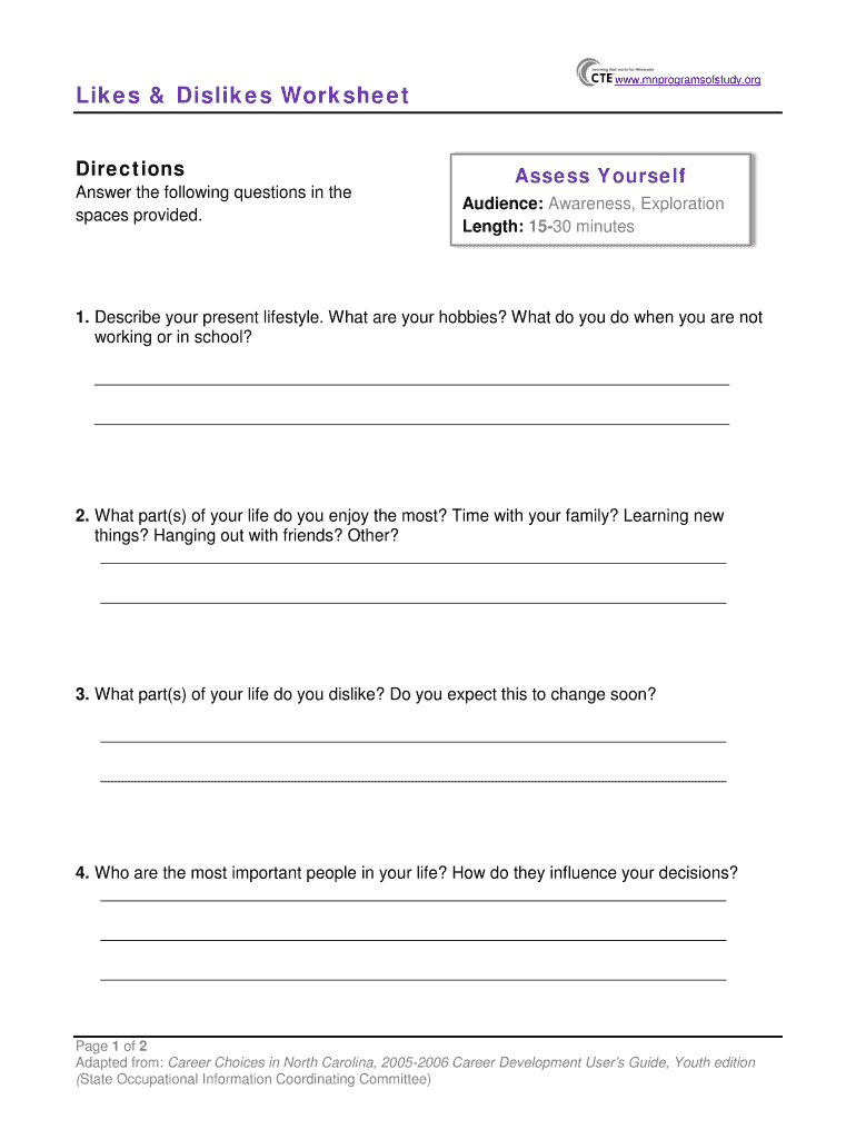 Fillable Online Likes & Dislikes Worksheet Fax Email Print - pdfFiller