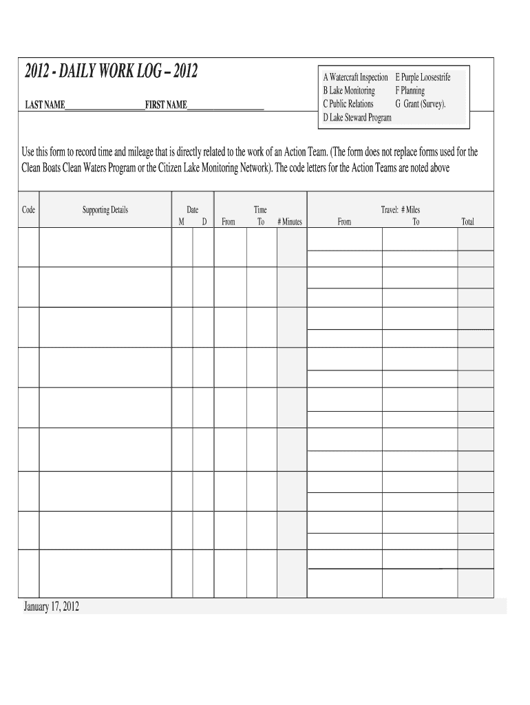 Fillable Online 2012 - DAILY WORK LOG 2012 Fax Email Print - pdfFiller