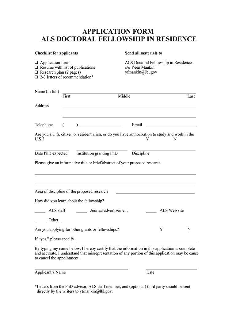 Fillable Online Fillable APPLICATION FORM ALS DOCTORAL FELLOWSHIP IN ...