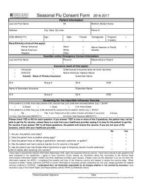 Fillable Online coconino az Seasonal Flu Consent Form 2016-2017 ...