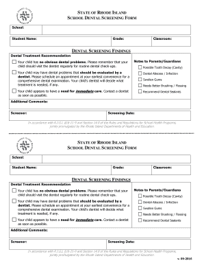 Fillable Online health ri Rhode Island School Dental Screening Form ...
