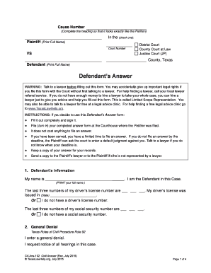 Fillable Online texaslawhelp Defendant s Answer Civil Case, not Family ...