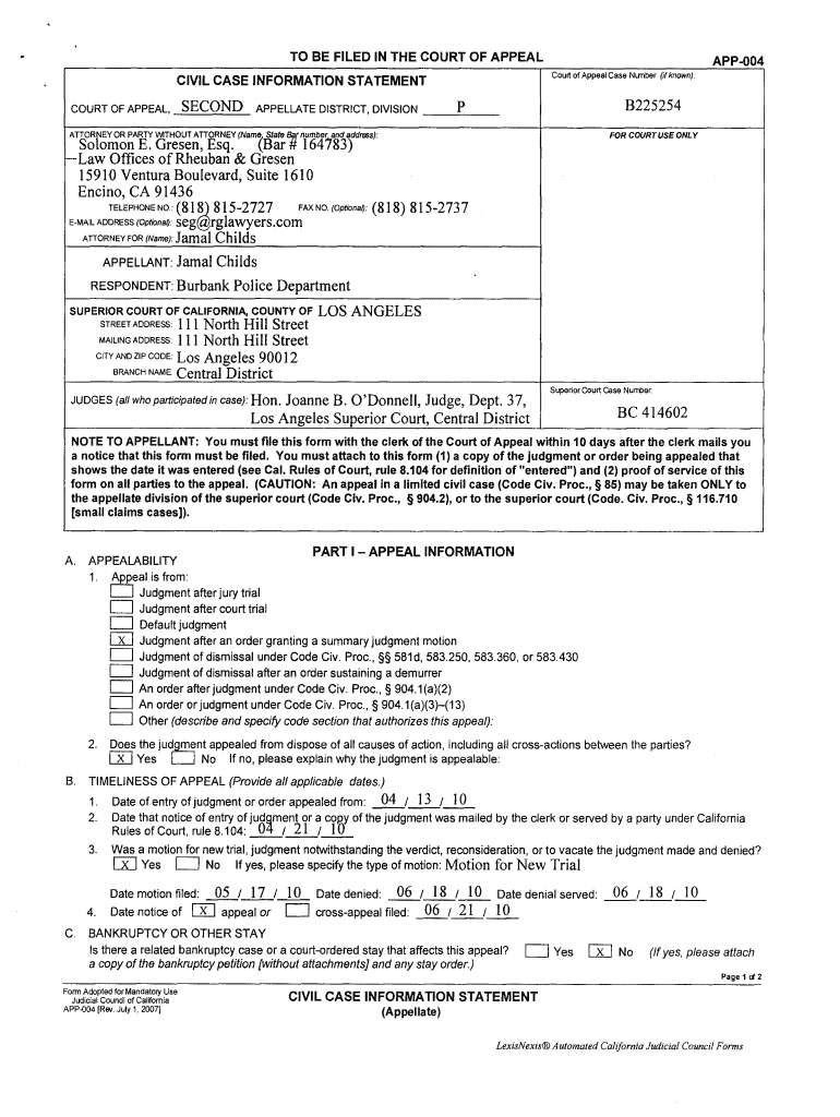 Fillable Online TO BE FILED IN THE COURT OF APPEAL APP-004 CIVIL CASE ... Fax Email Print ...