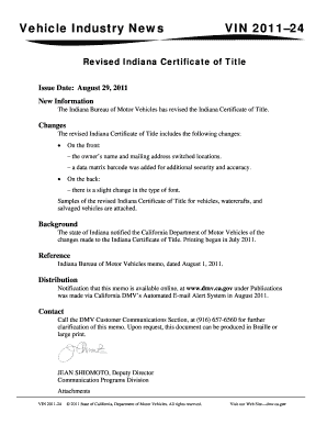 Fillable Online VIN 2011-24 Revised Indiana Certificate of Title Fax ...