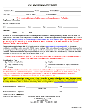 Fillable Online dhss delaware CNA RECERTIFICATION FORM Fax Email Print ...