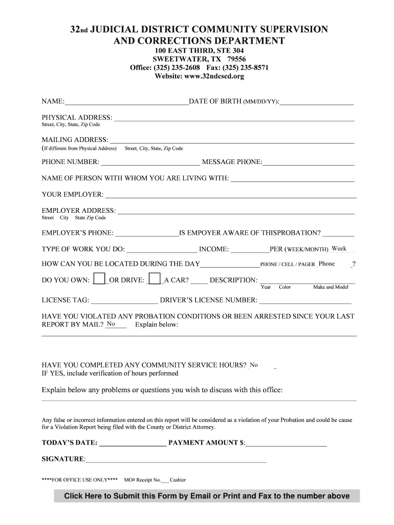 Fillable Online 32nd Judicial District CSCD. Probationer Report Form ...