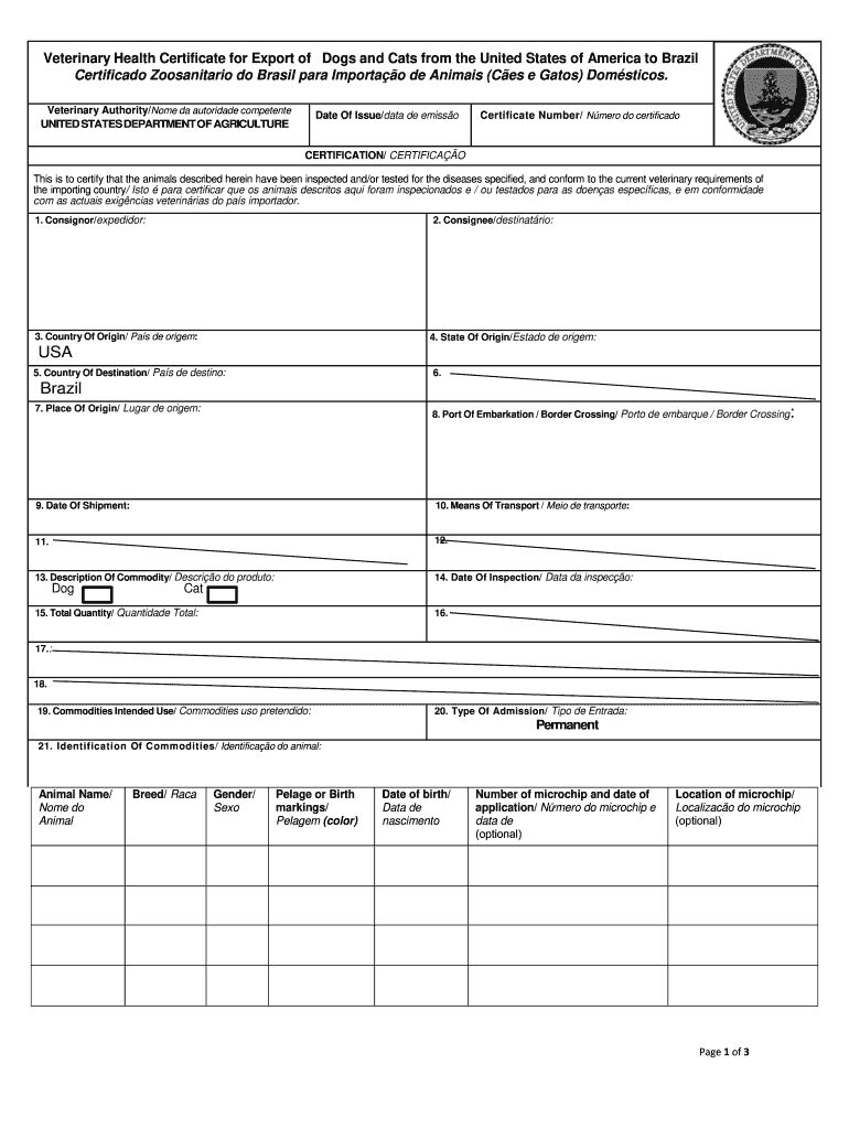 USDA Veterinary Health Certificate For Export Of Dogs And Cats Fill 