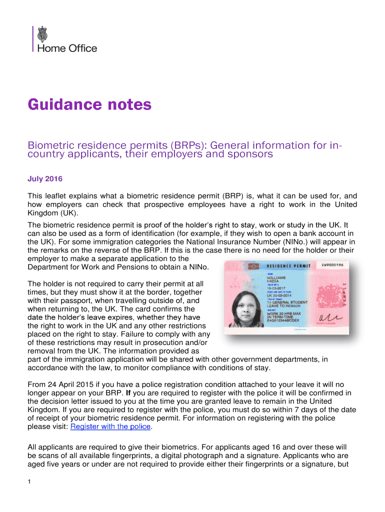Fillable Online Biometric residence permits: general information for ...