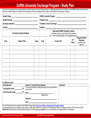Fillable Online Griffith University Exchange Program Study Plan Fax ...