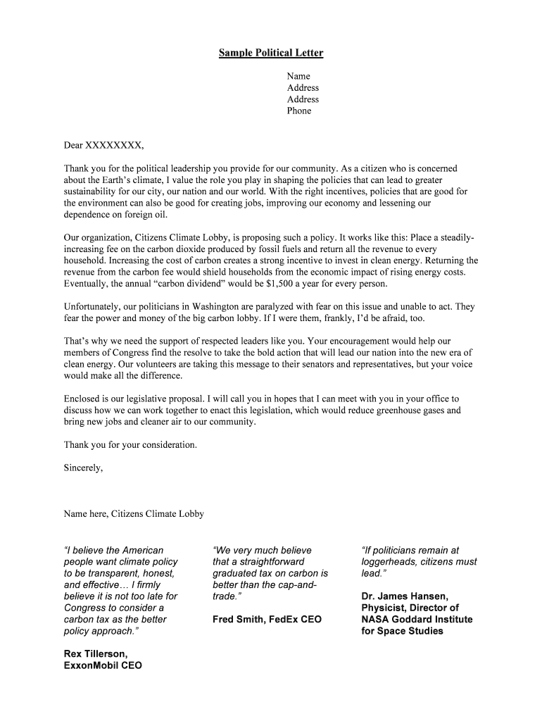 Fillable Online Sample Political Letter - Citizens' Climate Lobby Fax ...