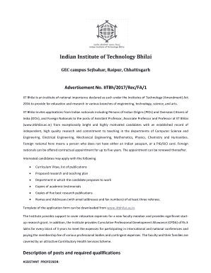 Fillable Online Advertisement for the post of Faculty at IIT Bhilai Fax Email Print - pdfFiller